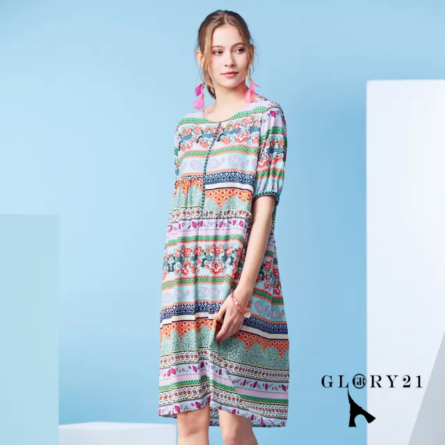 【GLORY21】速達-網路獨賣款-圓領寬版法系變形蟲幾何印花洋裝(彩色) - momo購物網 - 好評推薦 -2023年9月