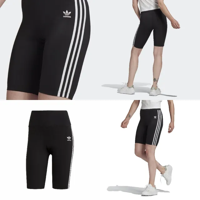 【adidas 愛迪達】緊身褲 HW Tights Short 單車褲 女款 愛迪達 三葉草 彈性高腰 環保材質 黑 白(GN2842 ...