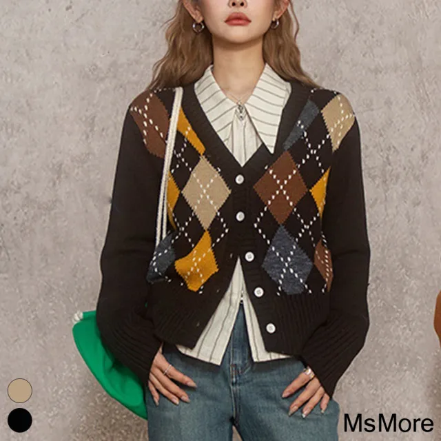 【MsMore】多色立體菱格毛衣百搭針織V領長袖貴族針織短版外套#119674(黑/卡其) - momo購物網 - 好評推薦 -2023年11月
