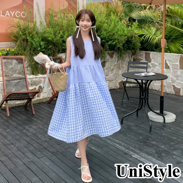 【UniStyle】無袖背心洋裝 韓系日式復古格紋拼接連身裙 女 ZMC007-751(藍色格子) - momo購物網 - 好評推薦 -2024年5月