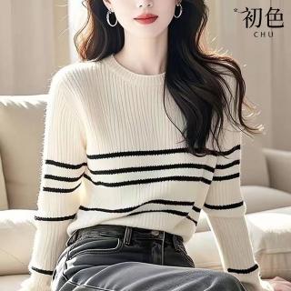 【初色】條紋圓領長袖針織衫上衣女上衣-白色條紋-39376(F可選/現貨+預購)-momo購物網 - 好評推薦 - 2025年6月