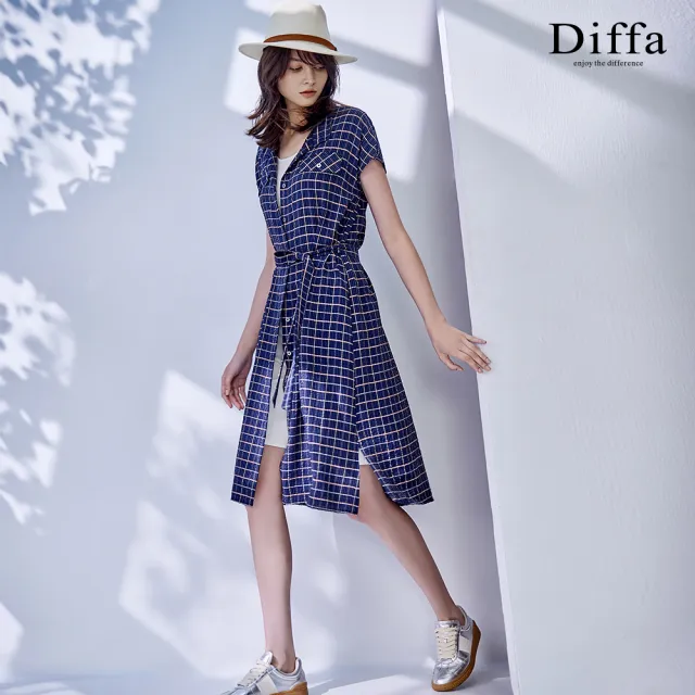 【Diffa】藍格連袖設計開襟綁帶洋裝-女 - momo購物網 - 好評推薦 -2025年2月
